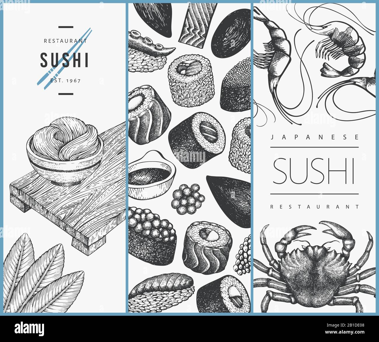 Japanese cuisine design template. Sushi hand drawn vector illustrations ...