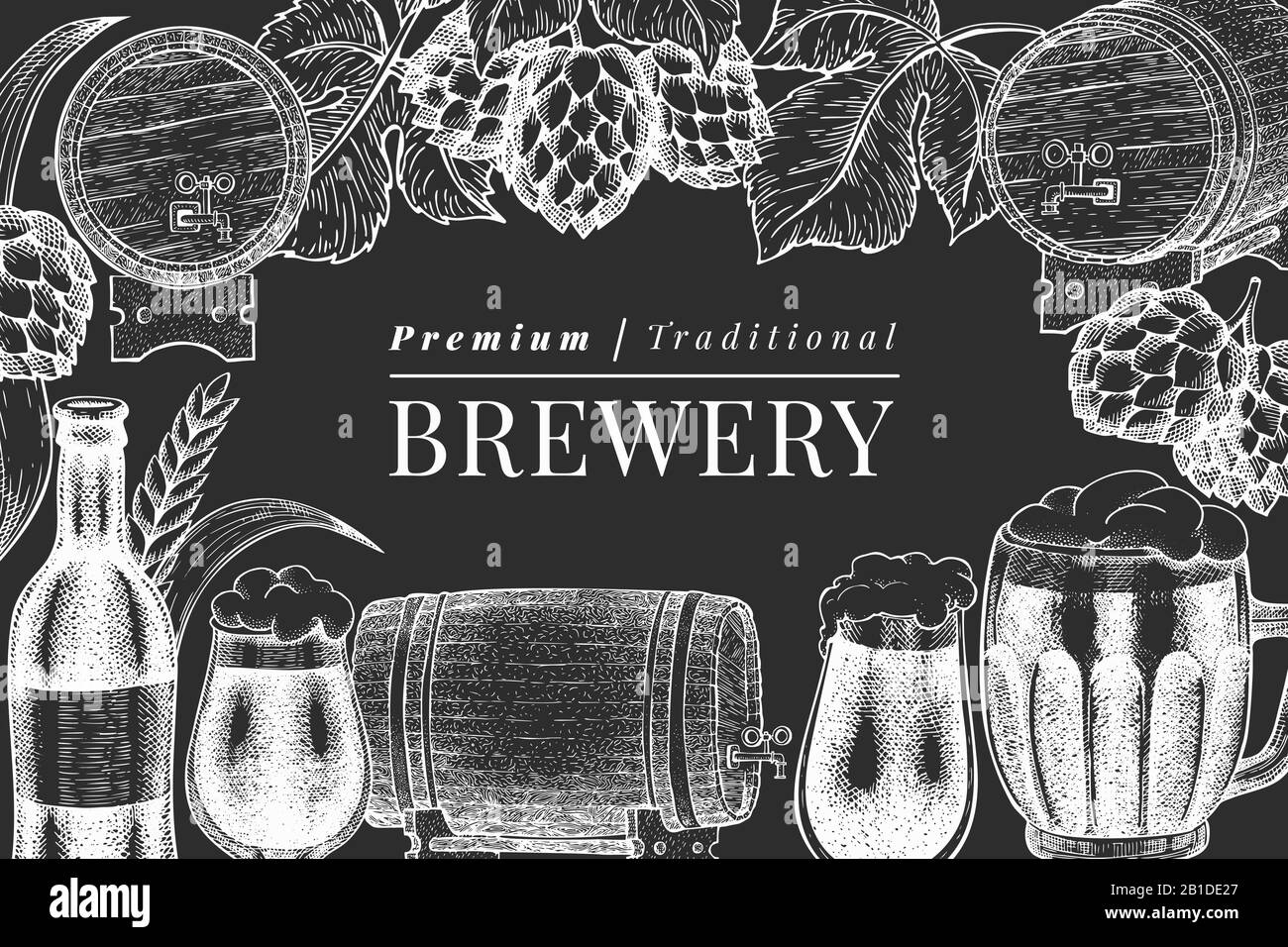 Beer glass mug and hop design template. Hand drawn vector pub beverage ...