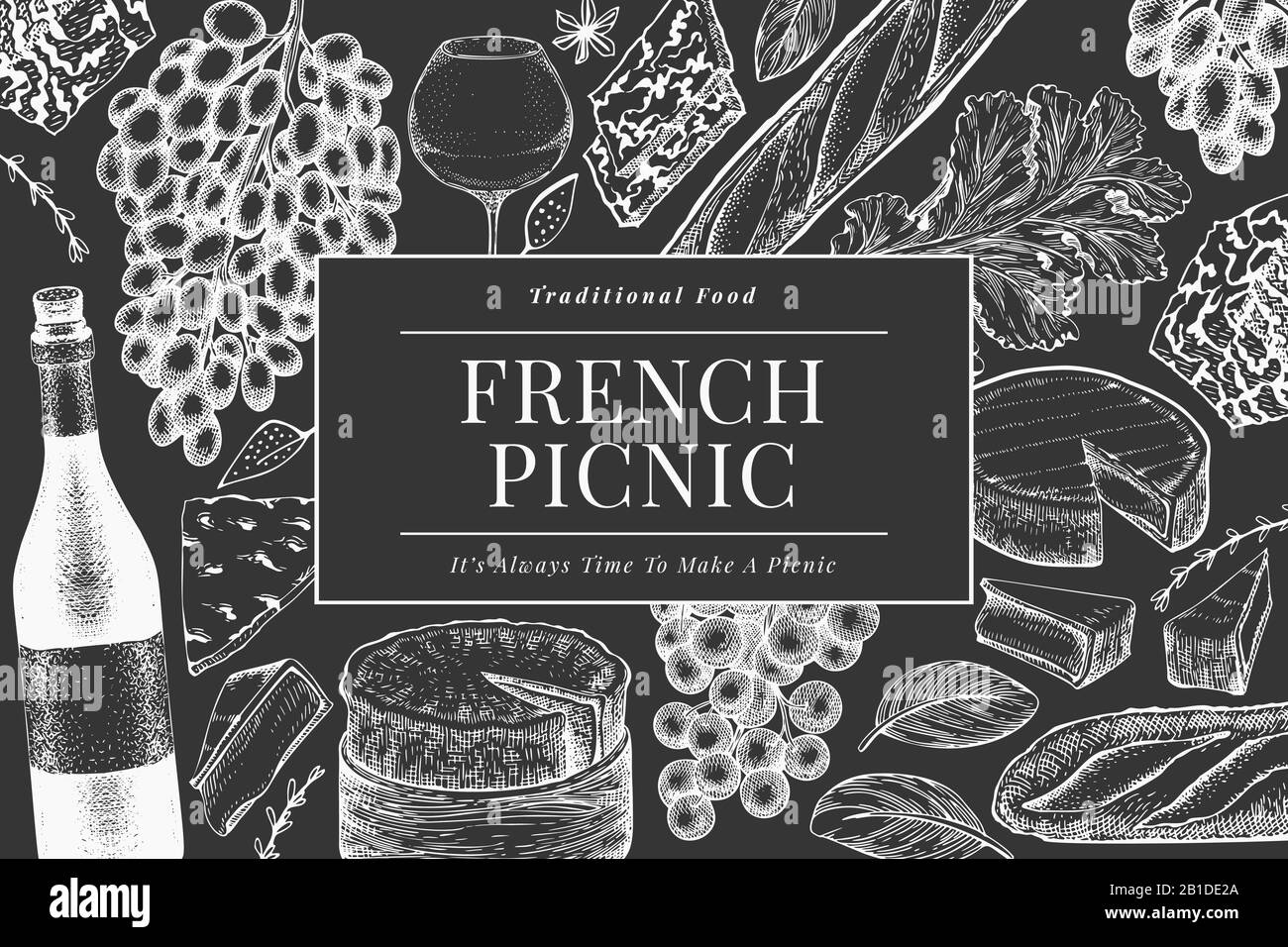 French food illustration design template. Hand drawn vector picnic meal ...