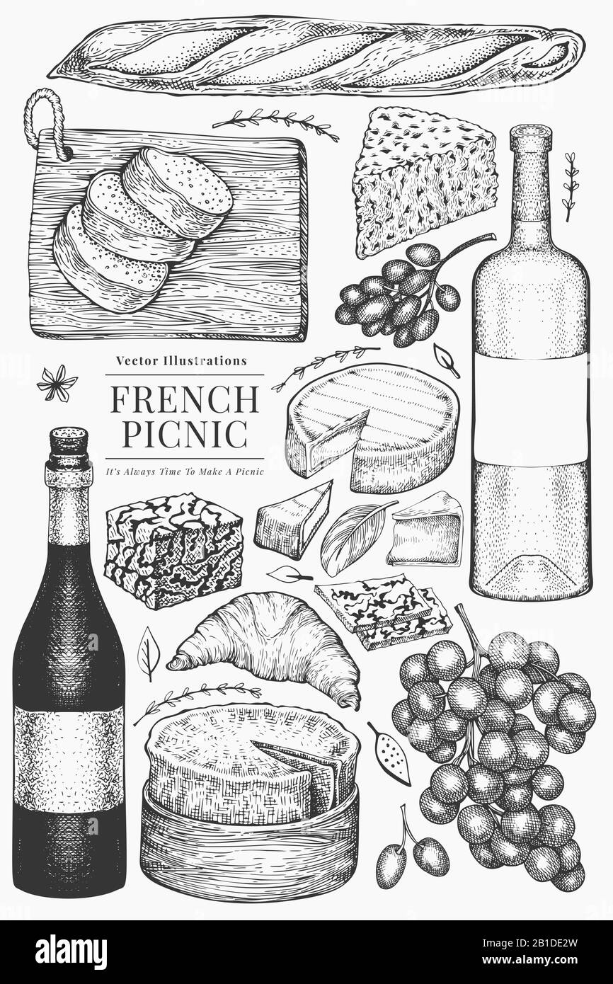 French food illustration set. Hand drawn vector picnic meal ...