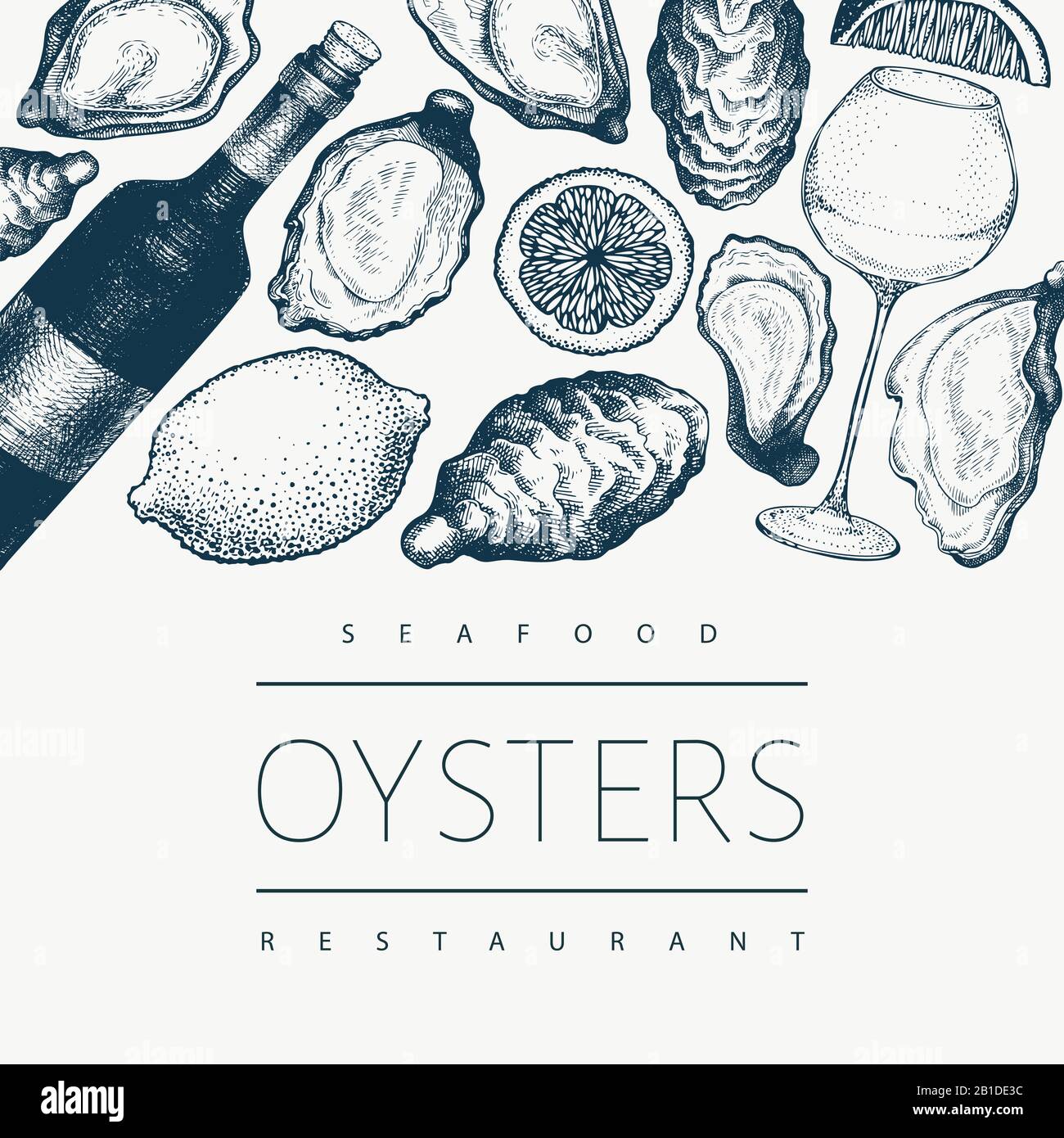 Oysters and wine design template. Hand drawn vector illustration ...
