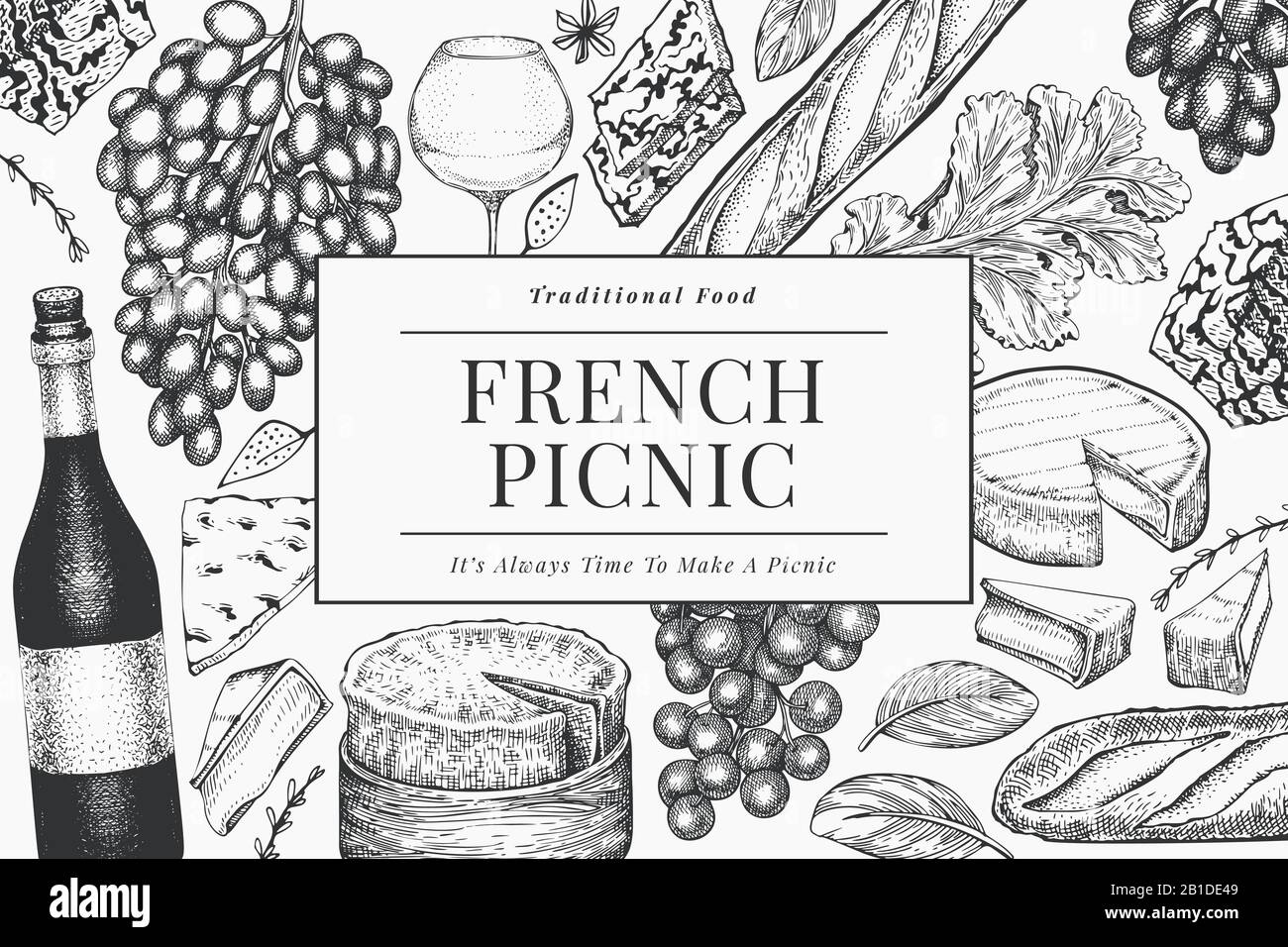French food illustration design template. Hand drawn vector picnic meal ...