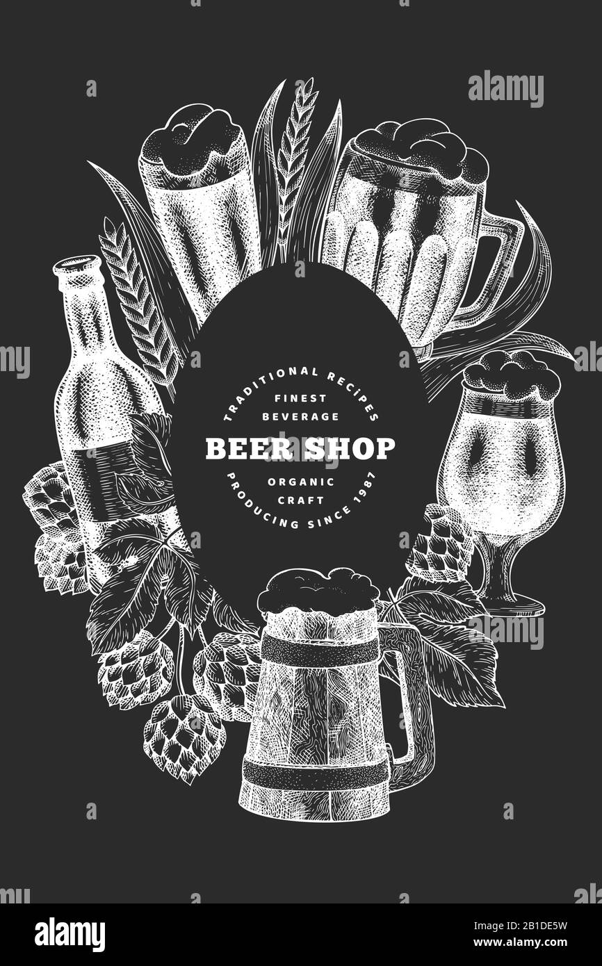 Beer glass mug and hop design template. Hand drawn vector pub beverage ...