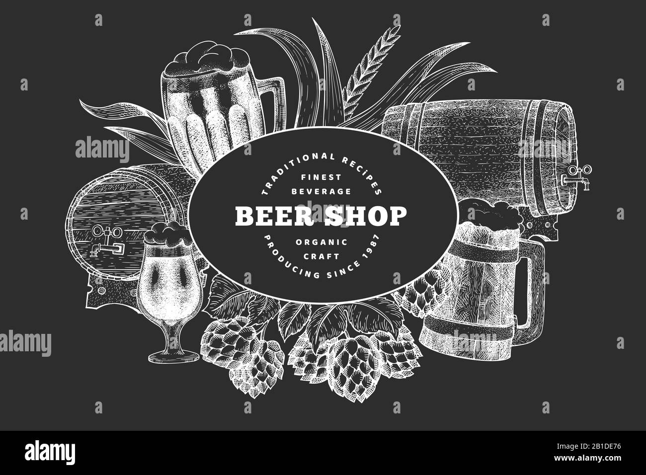 Beer glass mug and hop design template. Hand drawn vector pub beverage ...