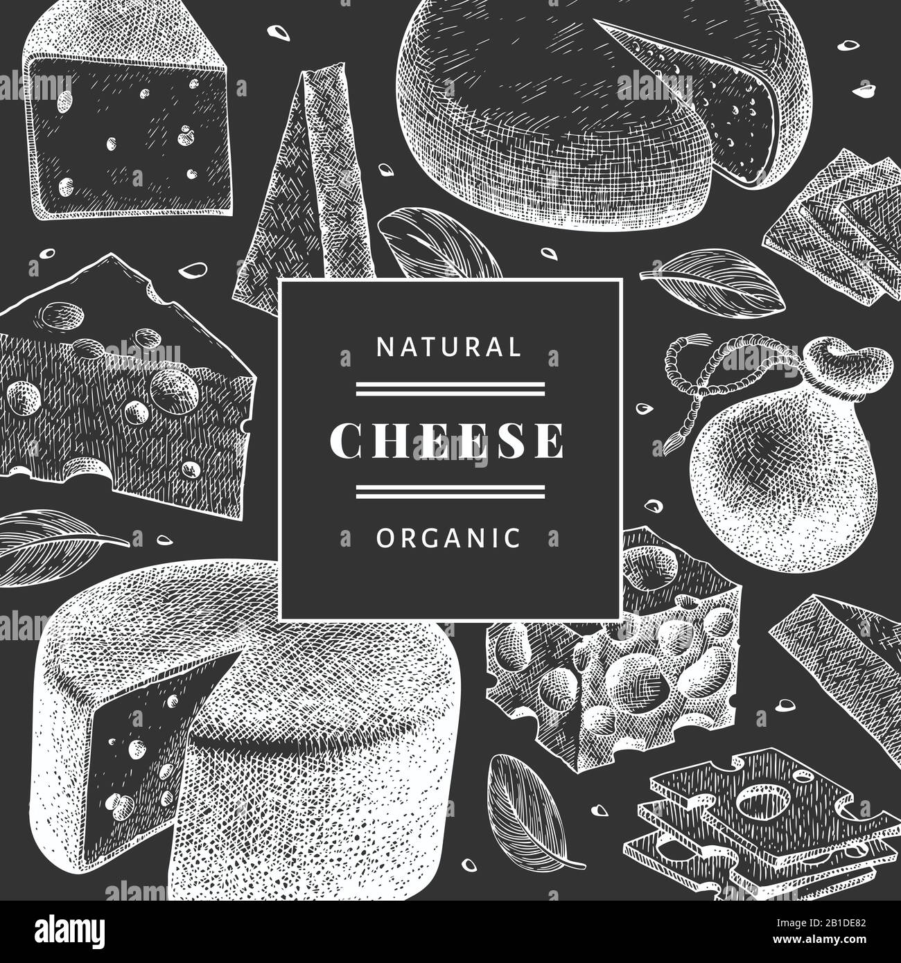 Cheese design template. Hand drawn vector dairy illustration on chalk ...