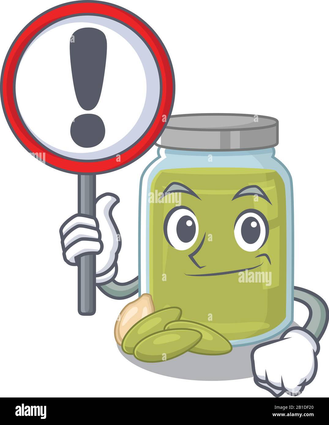 cute mascot character style of pumpkin seed butter raised up a sign ...