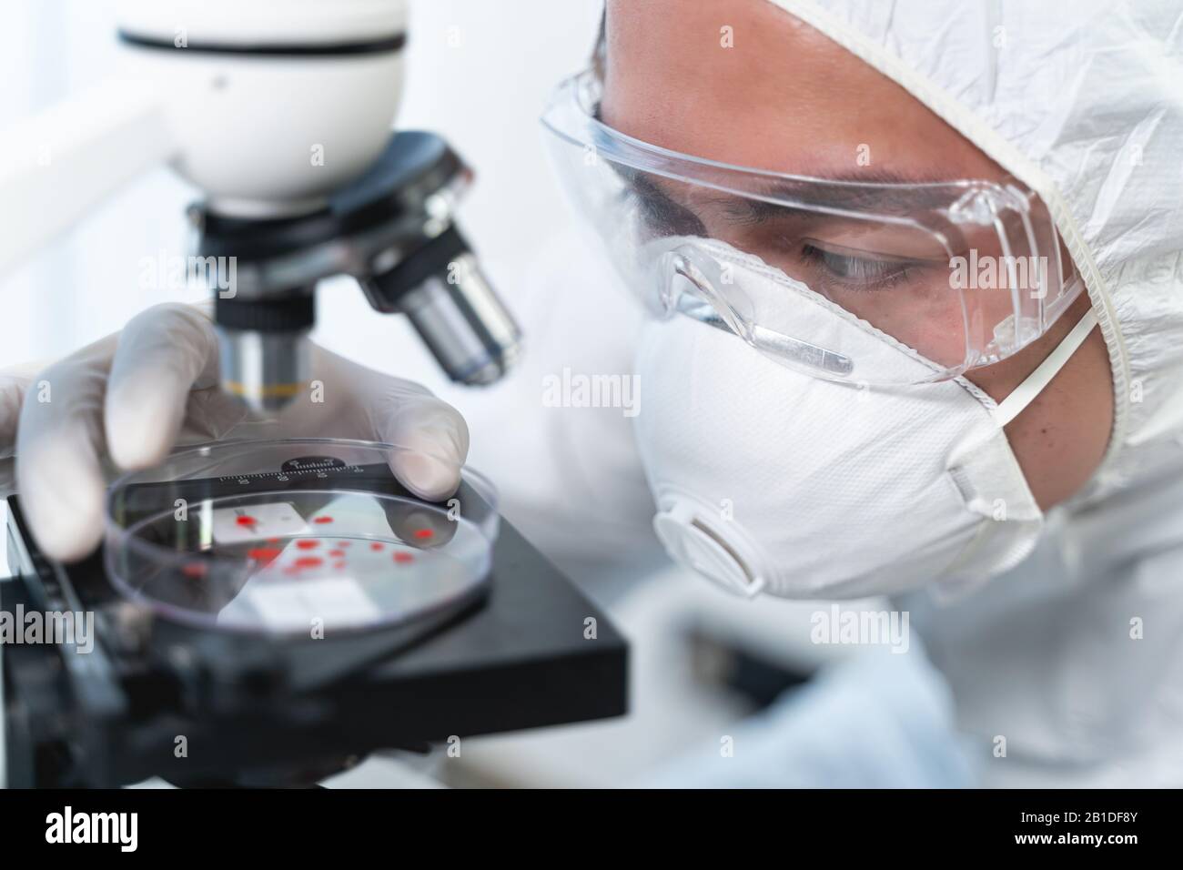 Concentrated Asian scientist staring at blood drops Stock Photo - Alamy