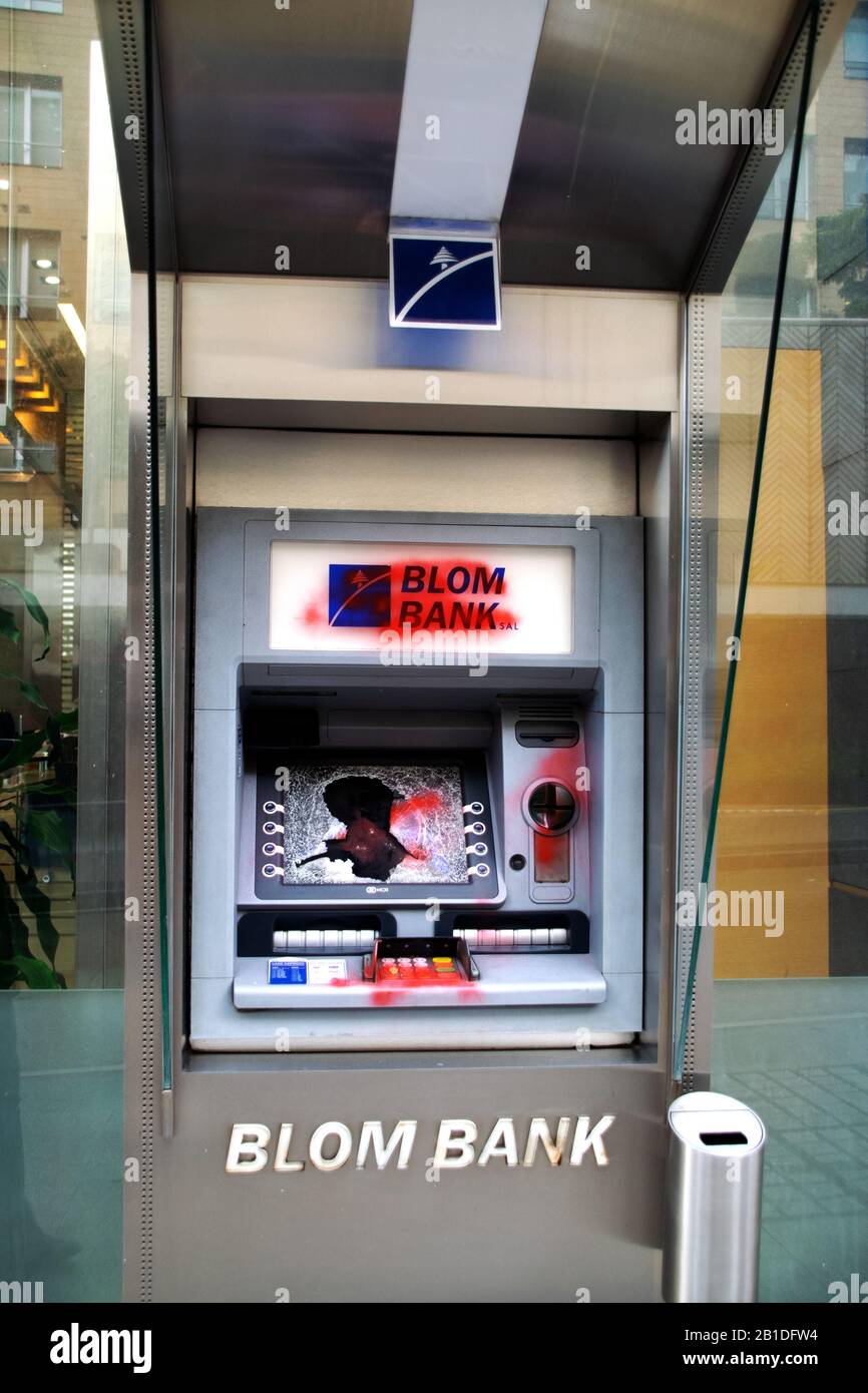 Destroyed cash mashine downtown Beirut by Lebanese protesters Stock ...