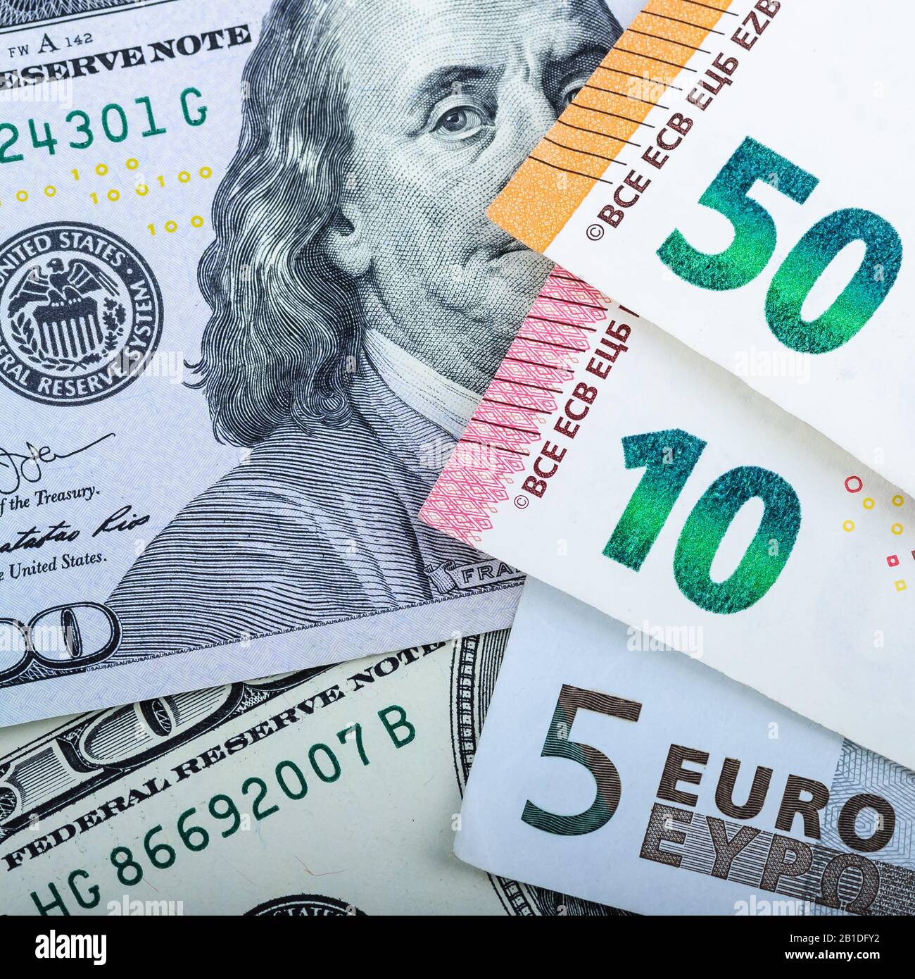 Euro bills. Different denominations on a gray background. 5, 10 50 ...