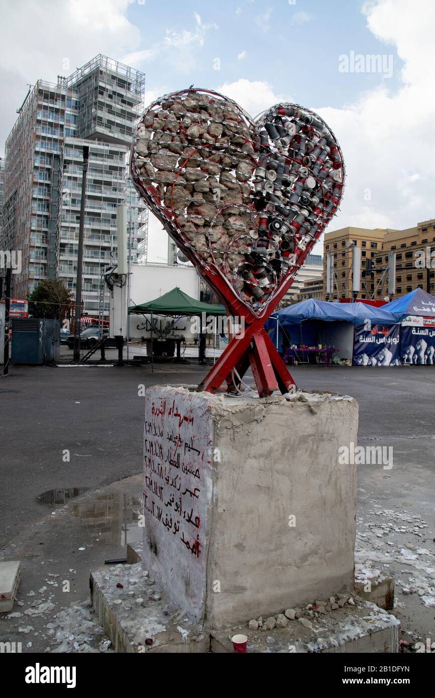 View of Martyr's Square and the protesters' tents and monuments, next ...