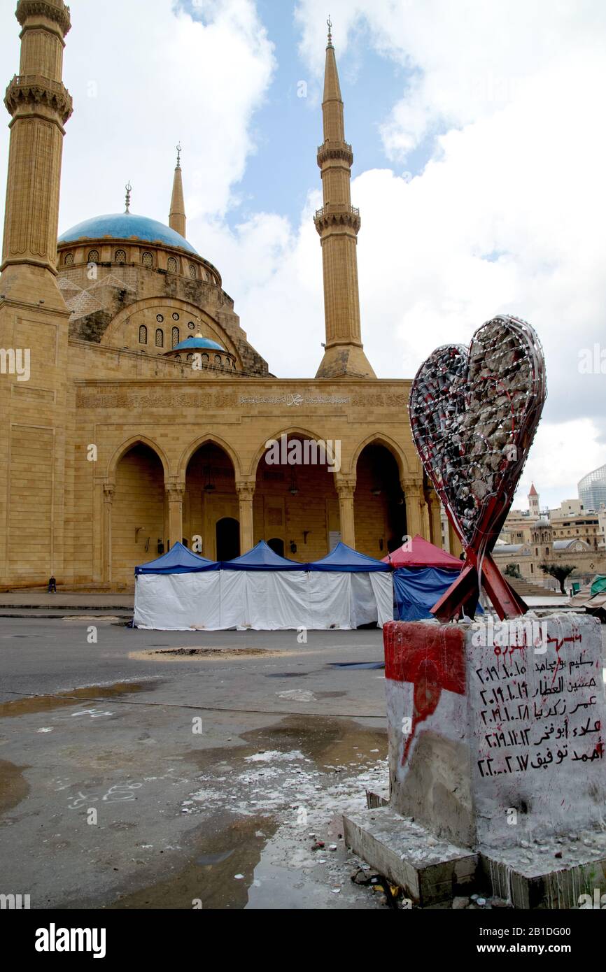 View of Martyr's Square and the protesters' tents and monuments, next ...