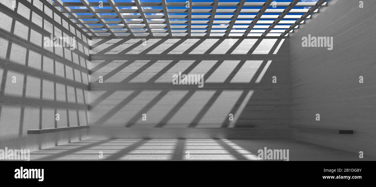 Prison yard. Concrete walls and metal bars ceiling, prisoners escape ...