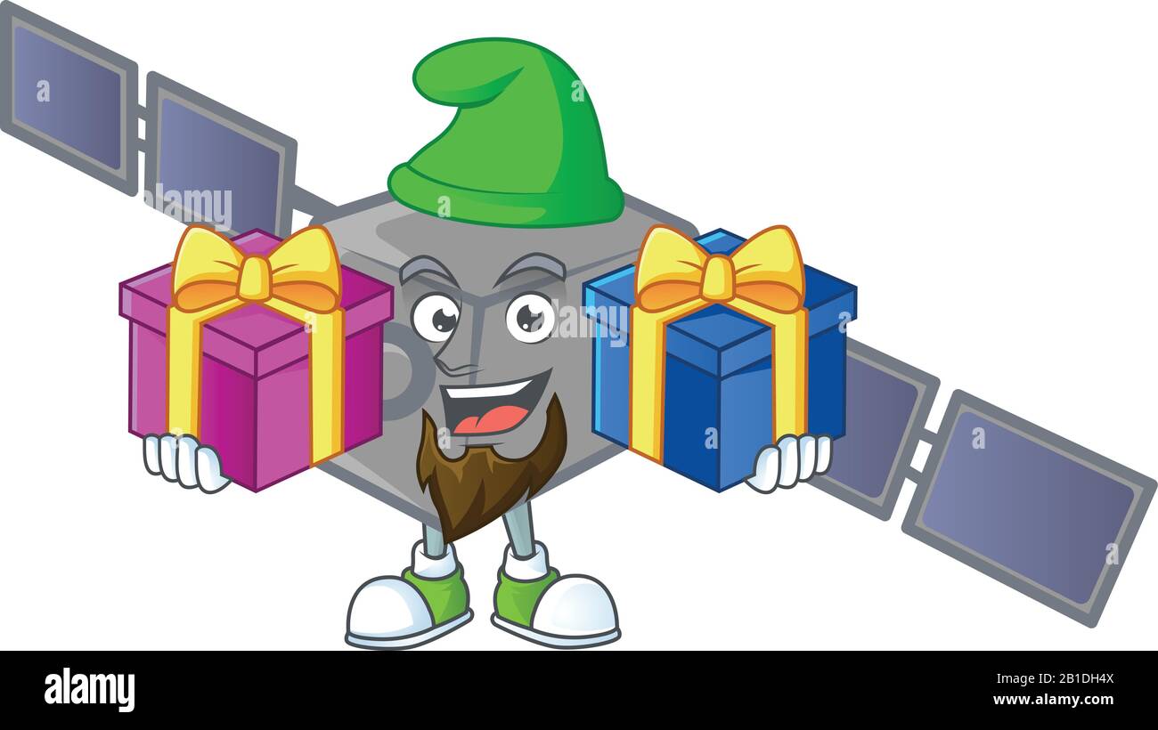 A charming satellite network cartoon mascot style with two boxes of ...