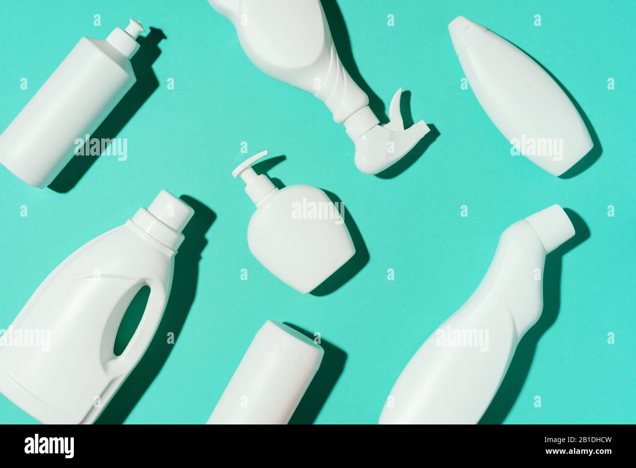 Plastic garbage collection on blue background. Top view. Copy space ...