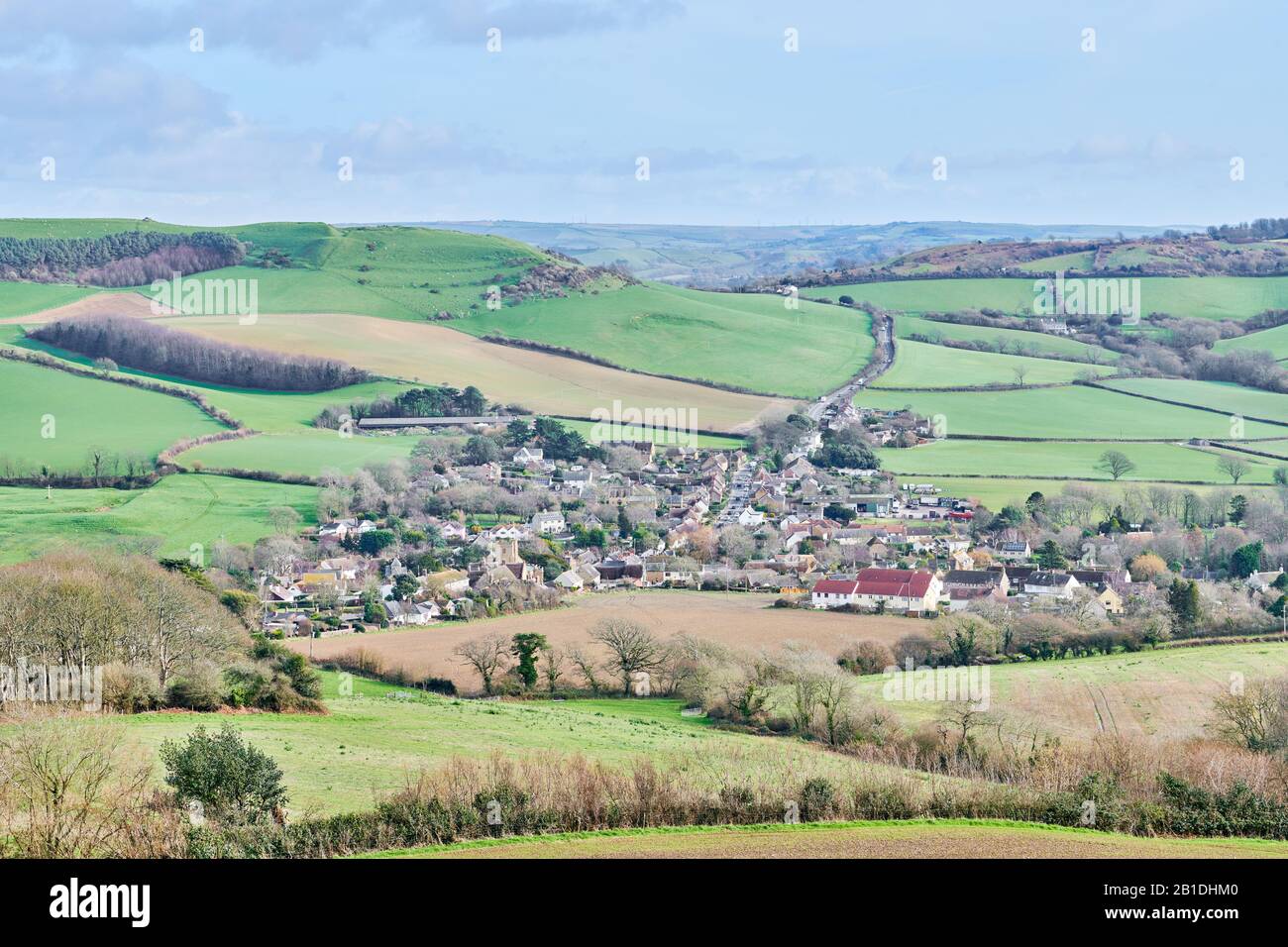 The village of Chideock in a valley near the coast of Dorset, England ...