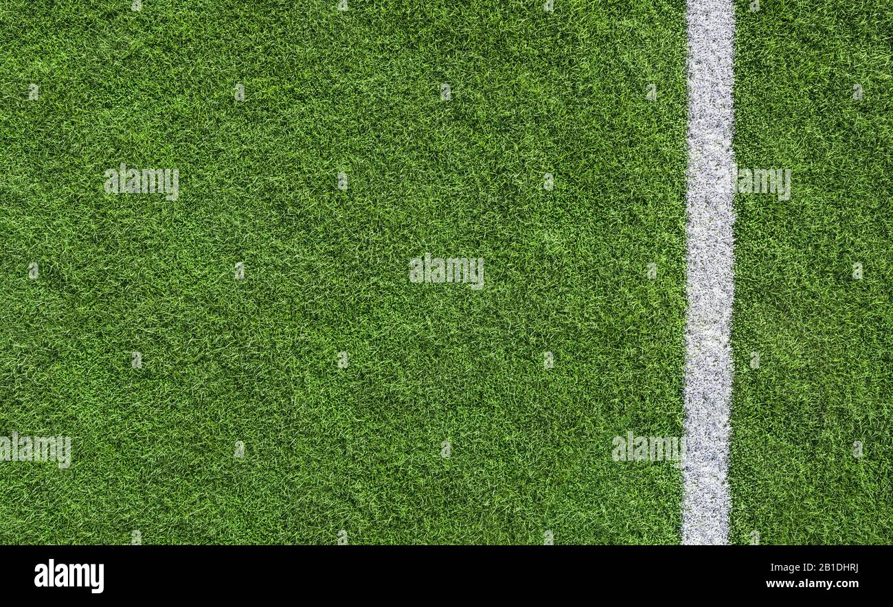White line marking on green turf of a sports field viewed from above as ...