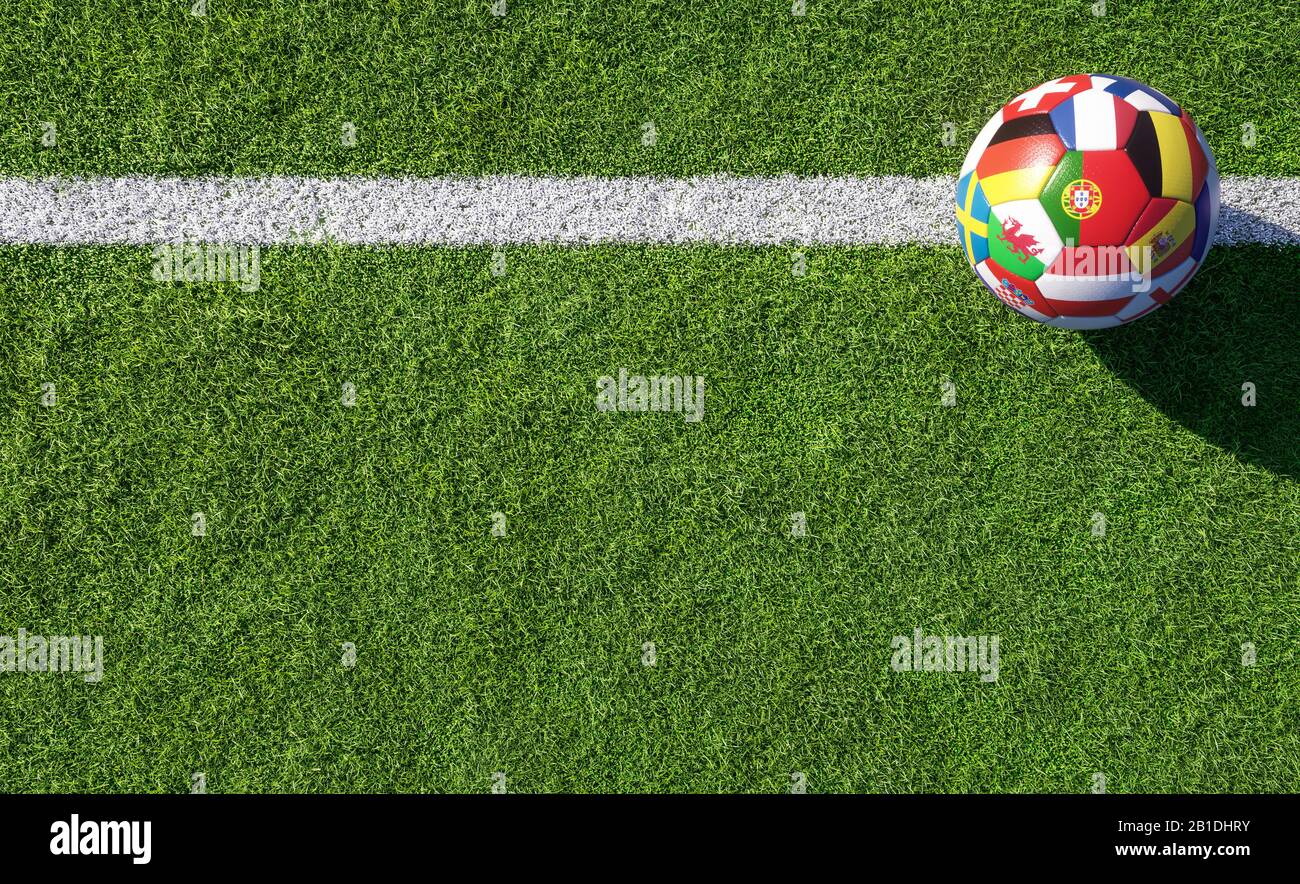 Colorful football or soccer ball with national flags of competing ...