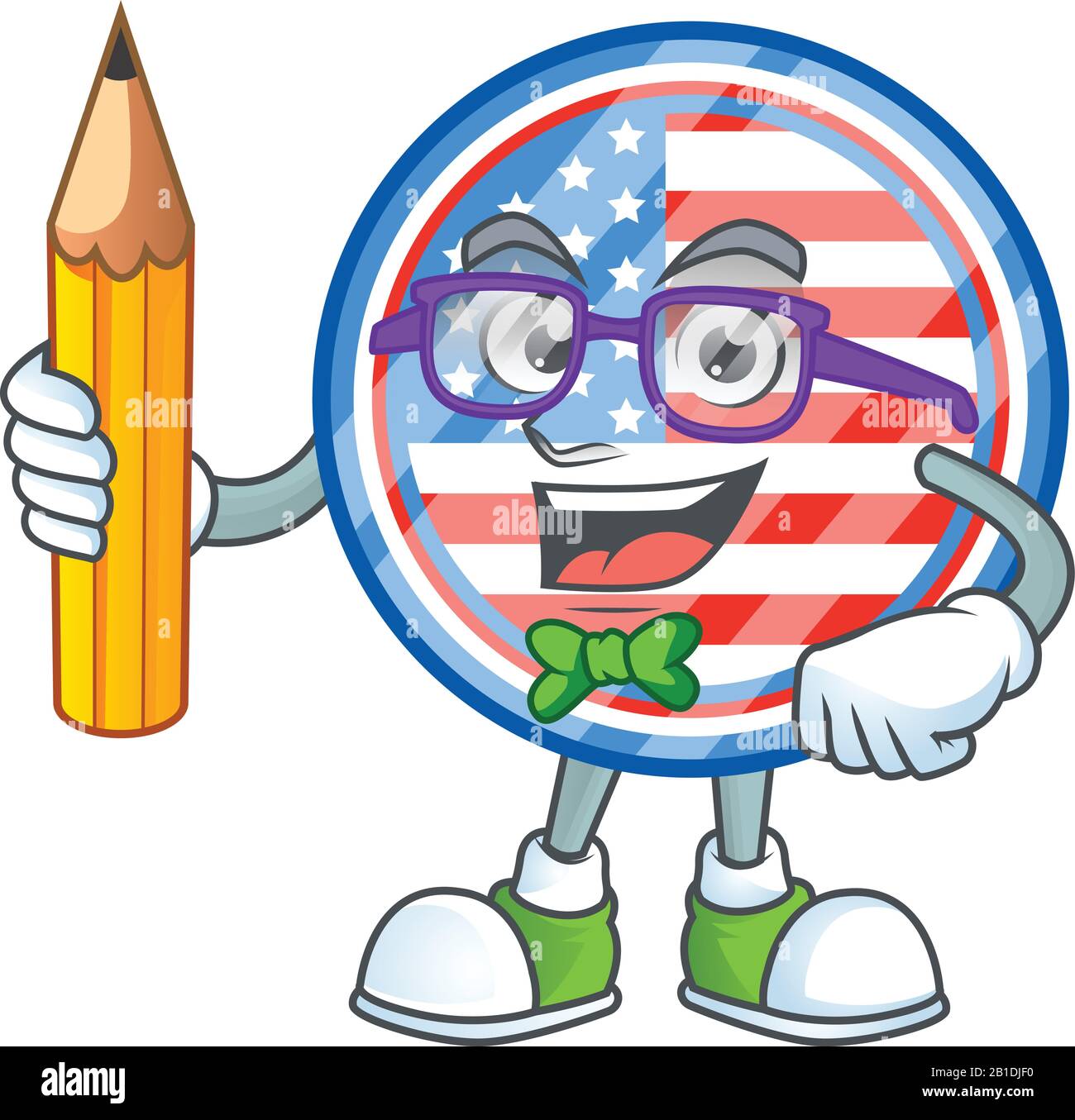 A mascot icon of Student circle badges USA character holding pencil ...