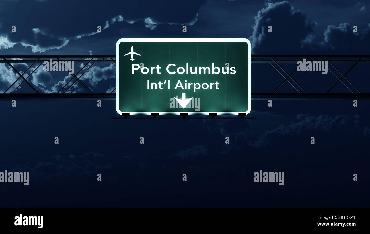 Port Columbus USA Airport Highway Sign at Night 3D Illustration Stock ...