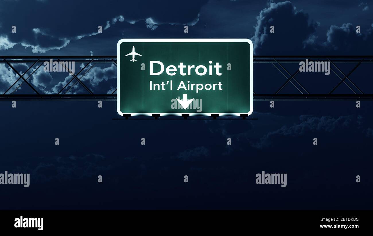 Detroit USA Airport Highway Sign at Night 3D Illustration Stock Photo ...