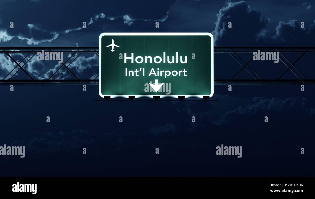 Honolulu USA Airport Highway Sign at Night 3D Illustration Stock Photo ...