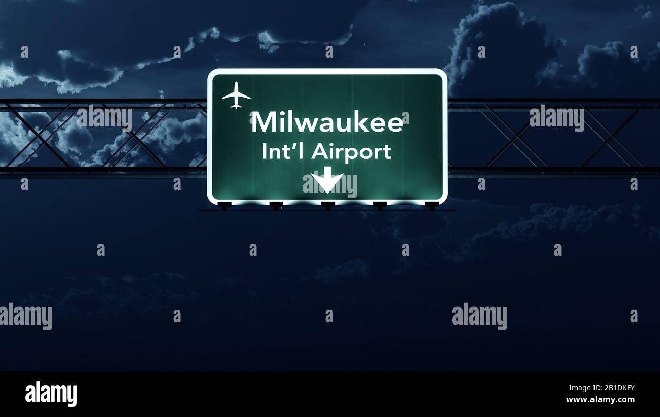 Milwaukee USA Airport Highway Sign at Night 3D Illustration Stock Photo ...