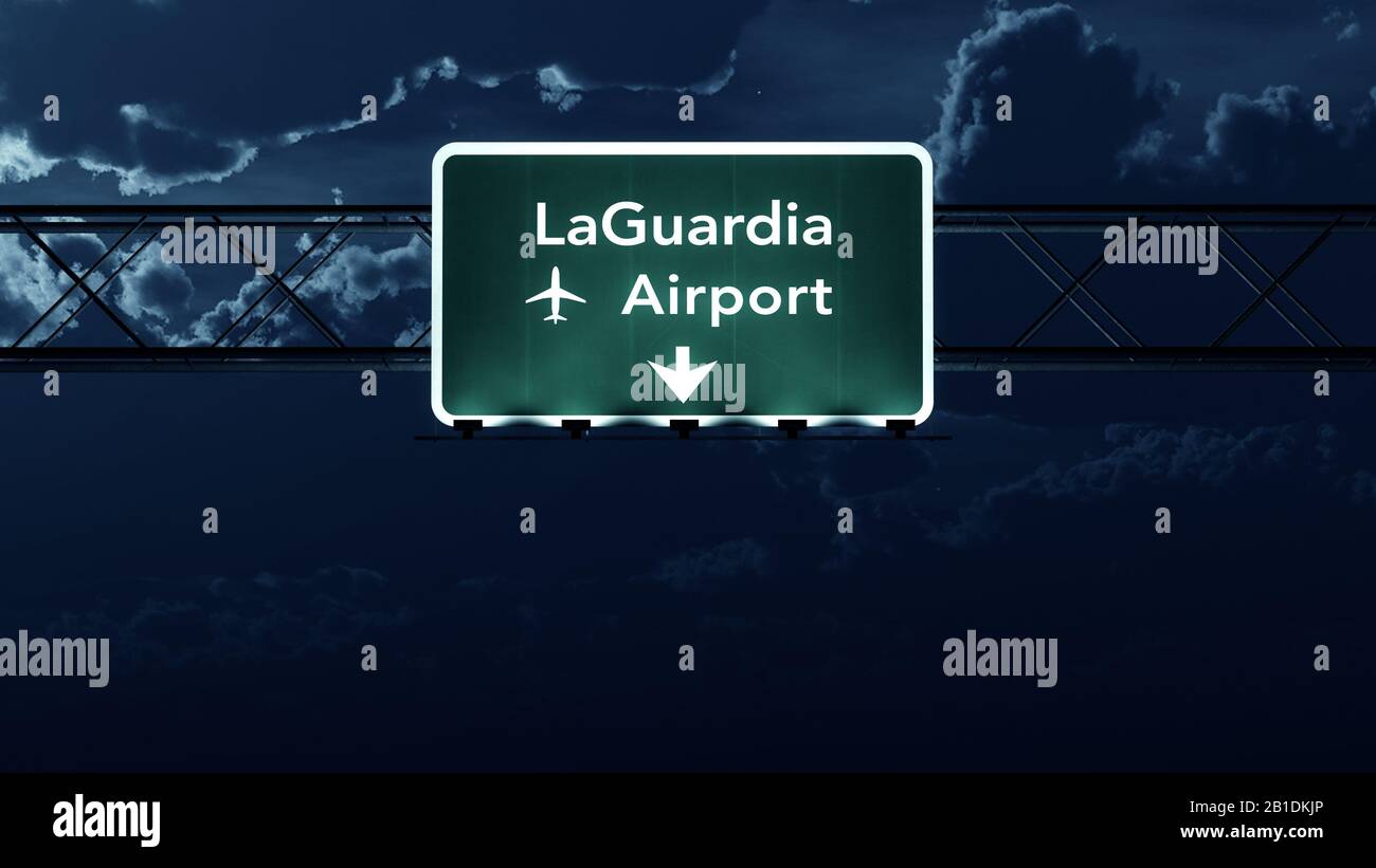 New York LaGuardia USA Airport Highway Sign at Night 3D Illustration ...