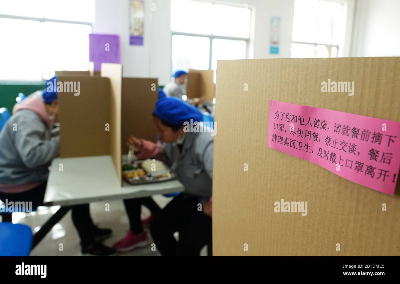 Chinese workers eat lunch alone and separately in the canteen at the ...