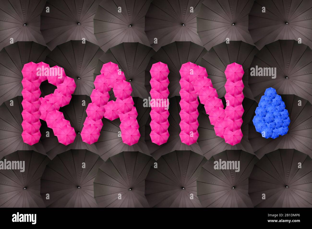 Rain concept. Rain letters arranged of umbrella on dark background. Bad ...