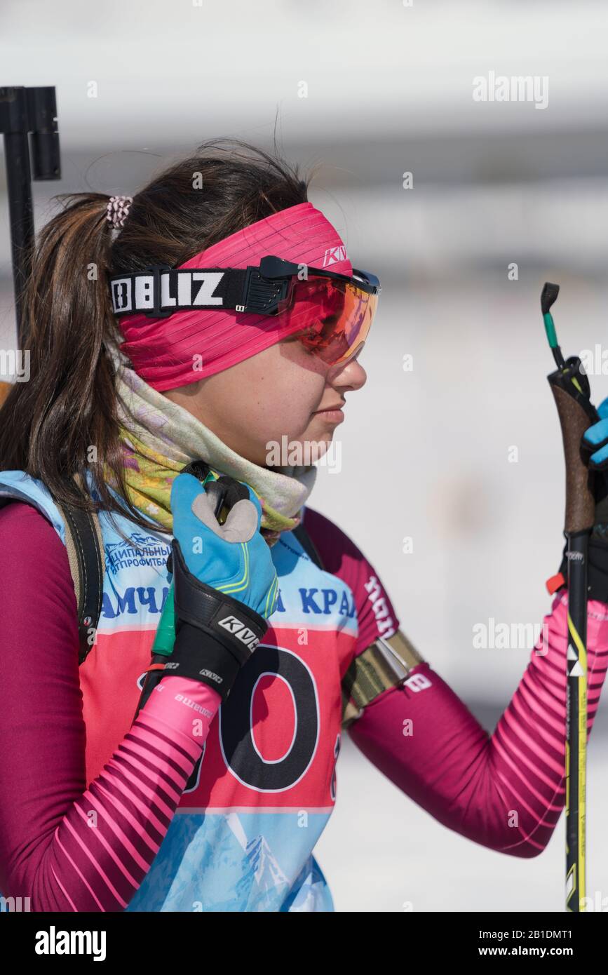 Portrait of Russian sportswoman biathlete Ivchenko Anastasia during ...