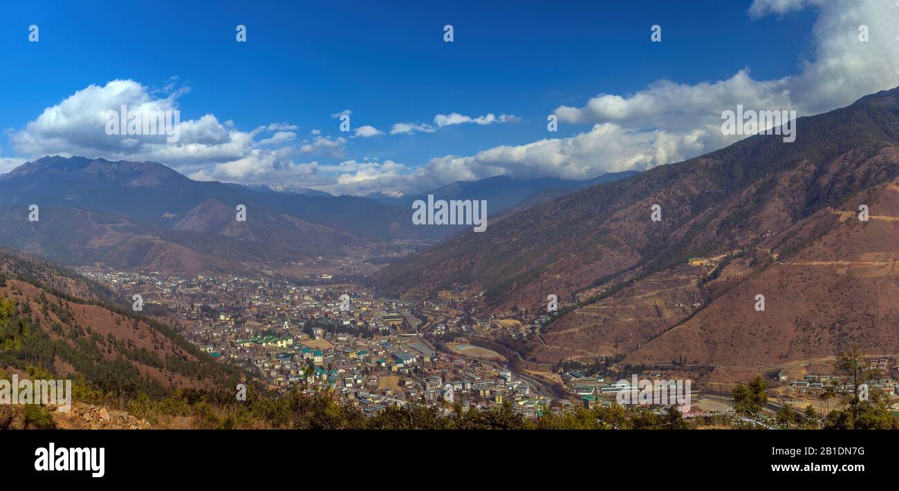 Landscape of mountain and valley of the capital Thimphu, Bhutan Stock ...