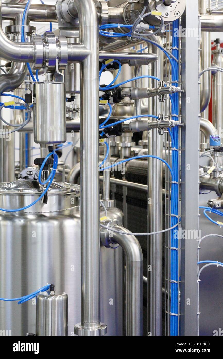 Stainless steel pipes in a food factory. Stainless pipe fittings ...