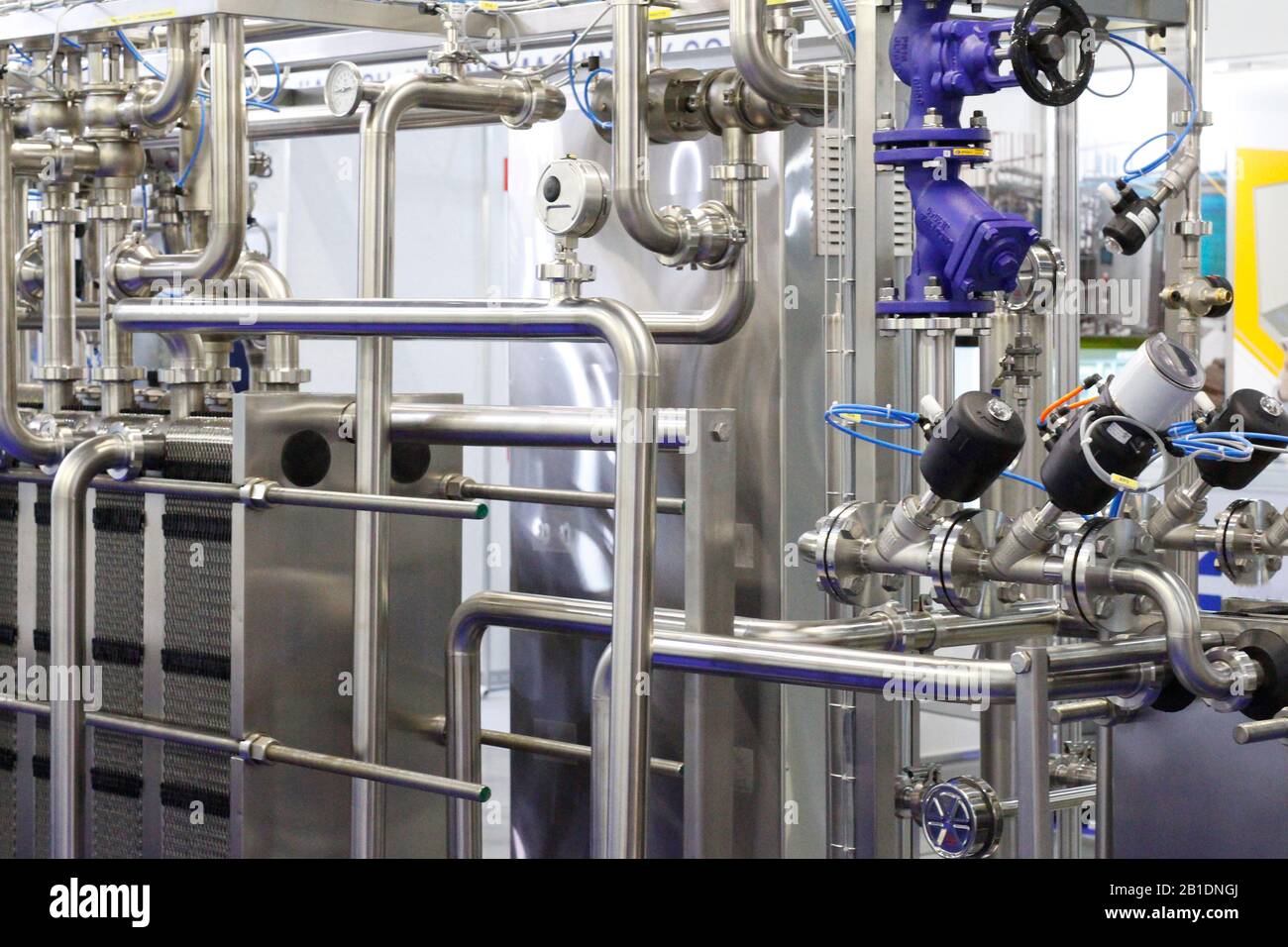 Stainless steel pipes in a food factory. Stainless pipe fittings ...