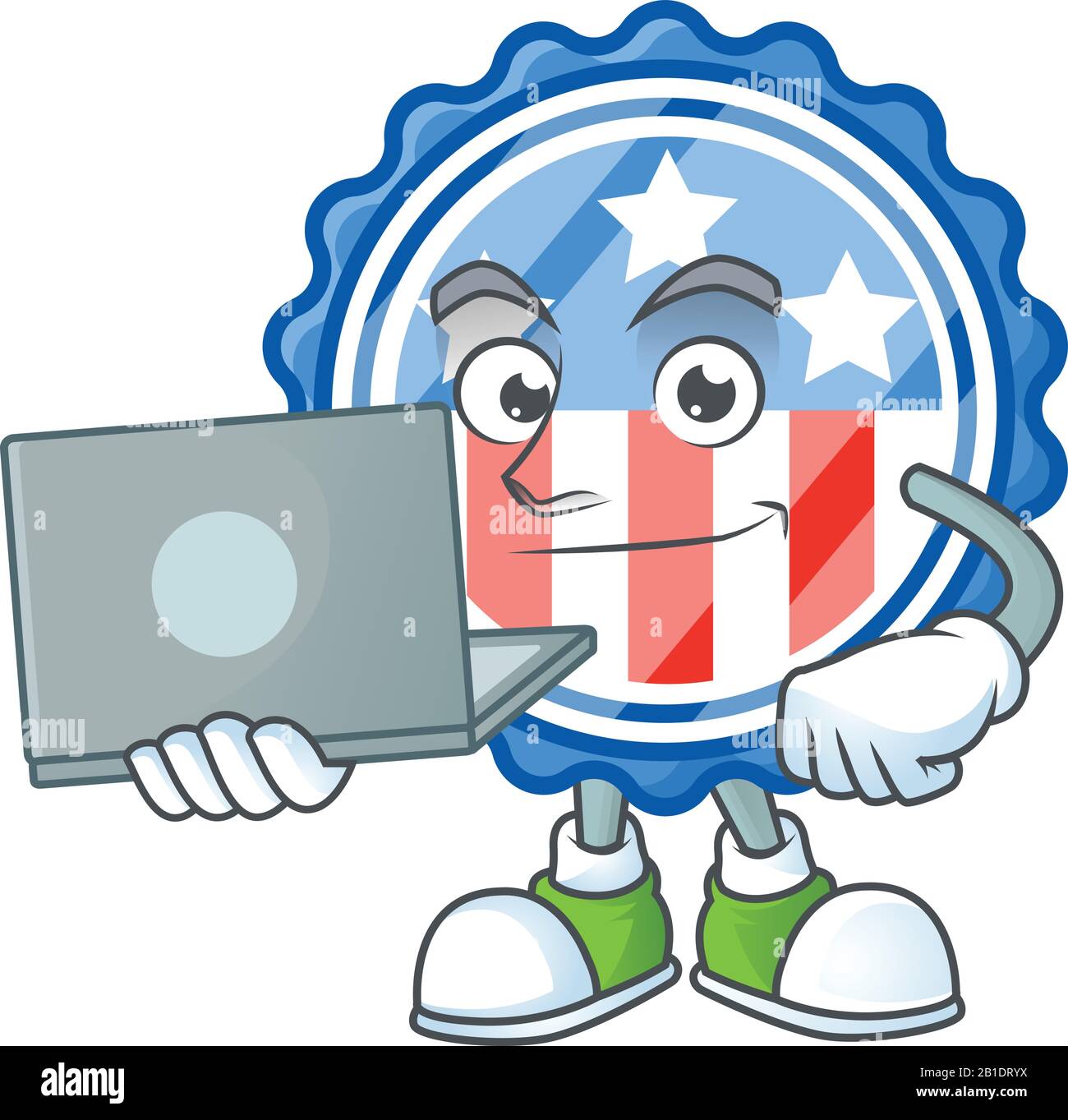 A smart circle badges USA with star mascot icon working with laptop ...