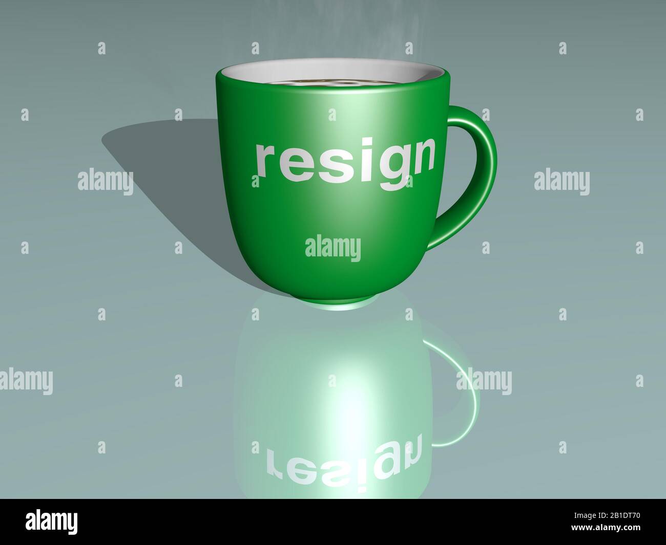 coffee mug with the 3D illustration of RESIGN on a mirroring floor ...