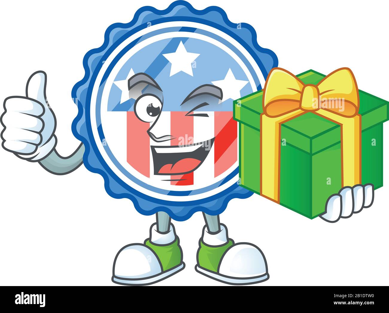 Cute circle badges USA with star character holding a gift box Stock ...