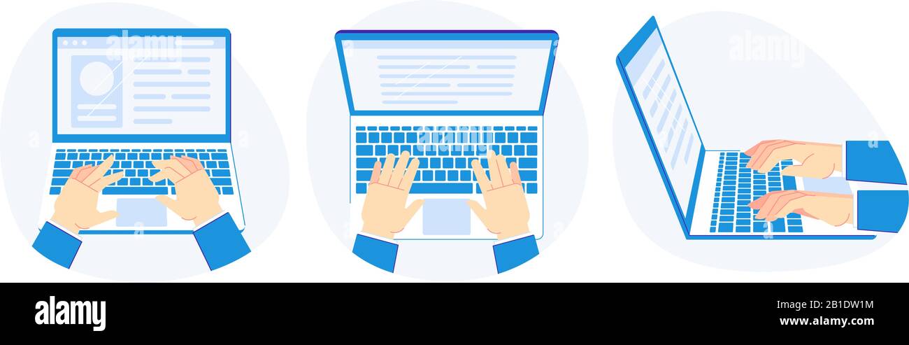 Working on laptop. Hands on computer keyboard, work presentation and ...