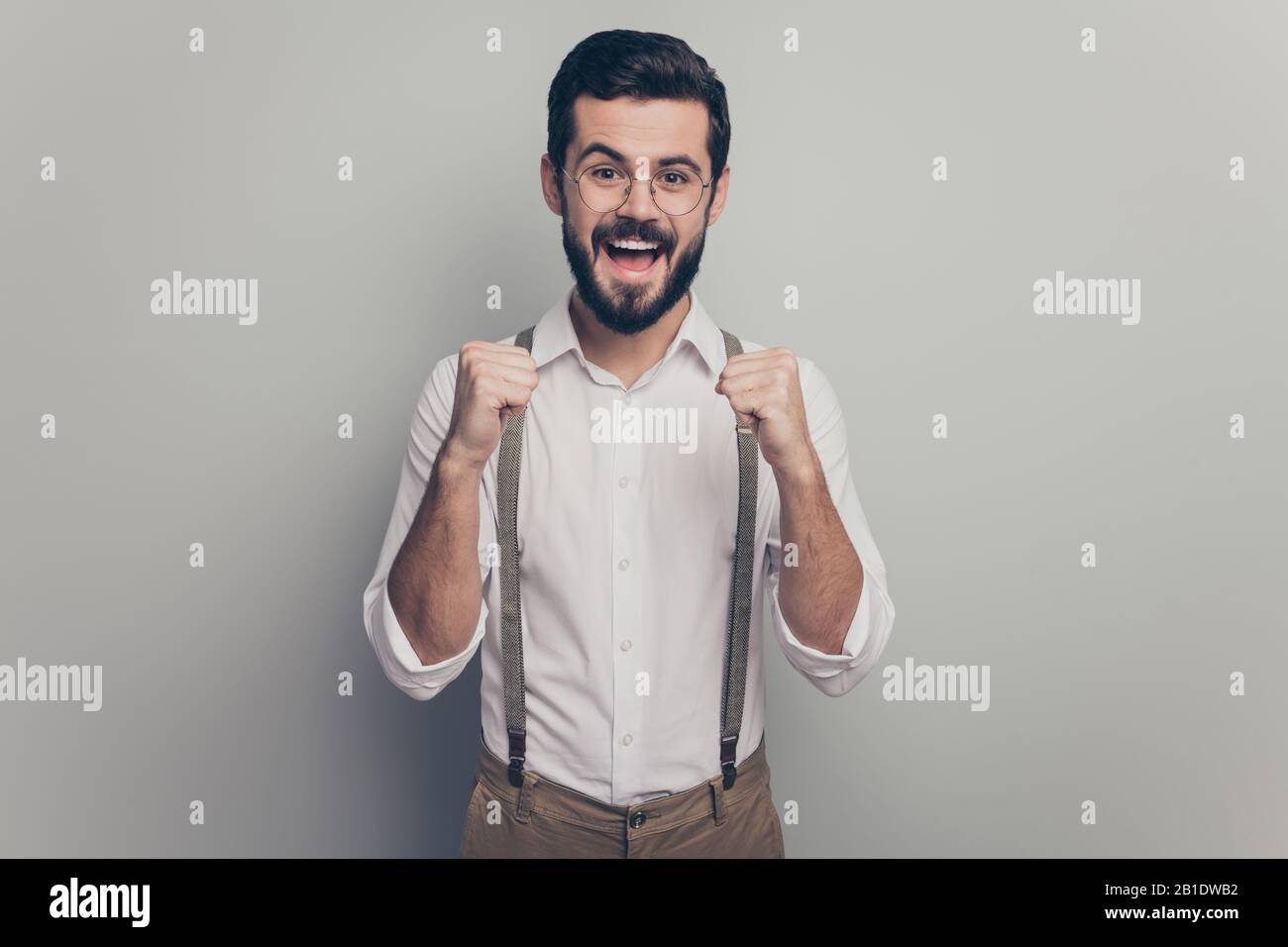Portrait of crazy delighted collar modern ceo worker man get career ...