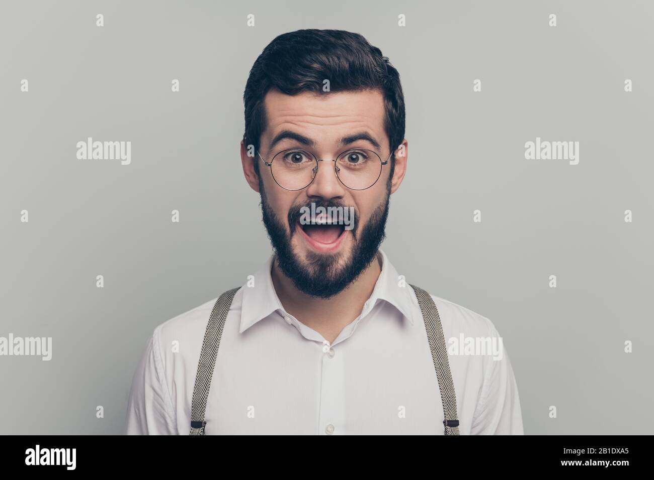 Portrait of astonished crazy man look unbelievable novelty unexpected ...