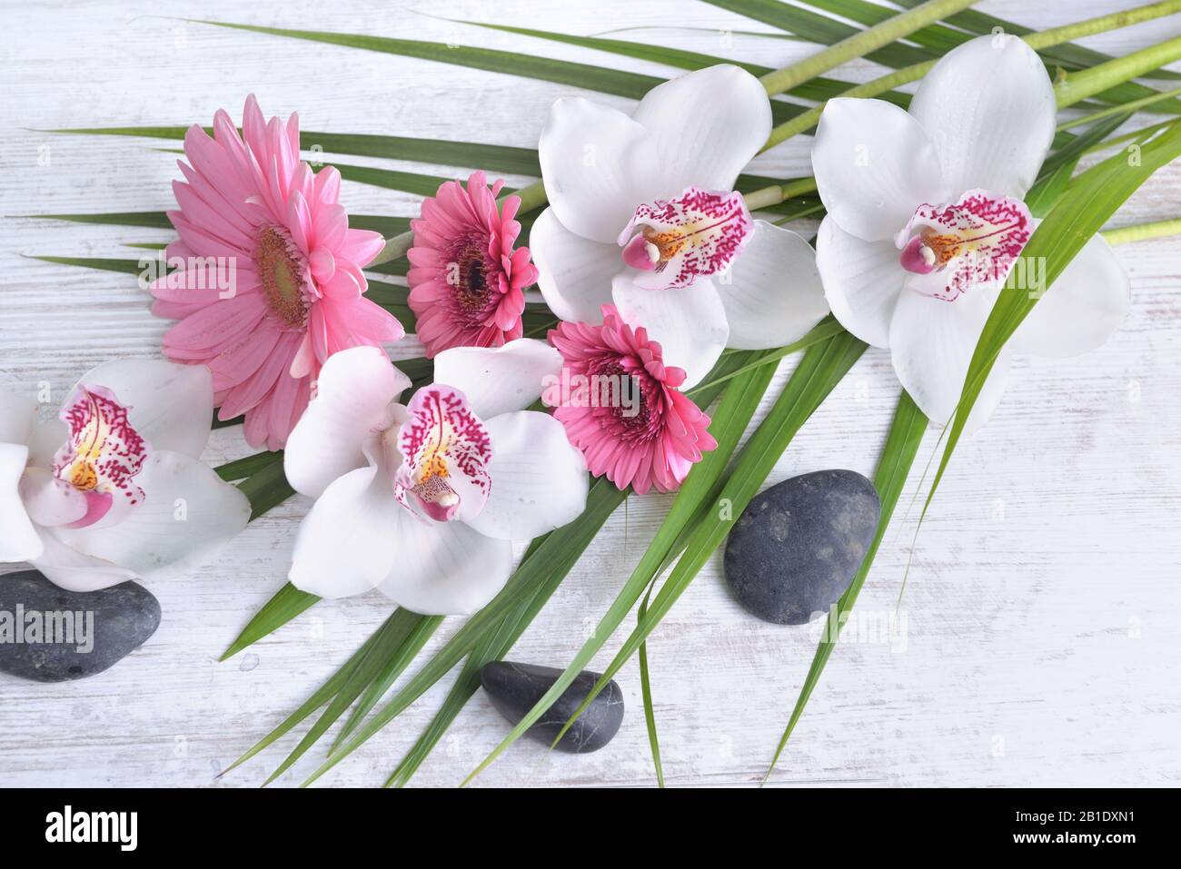 beautiful bouquet of white orchids and pink daisies in leaf and pebbles ...