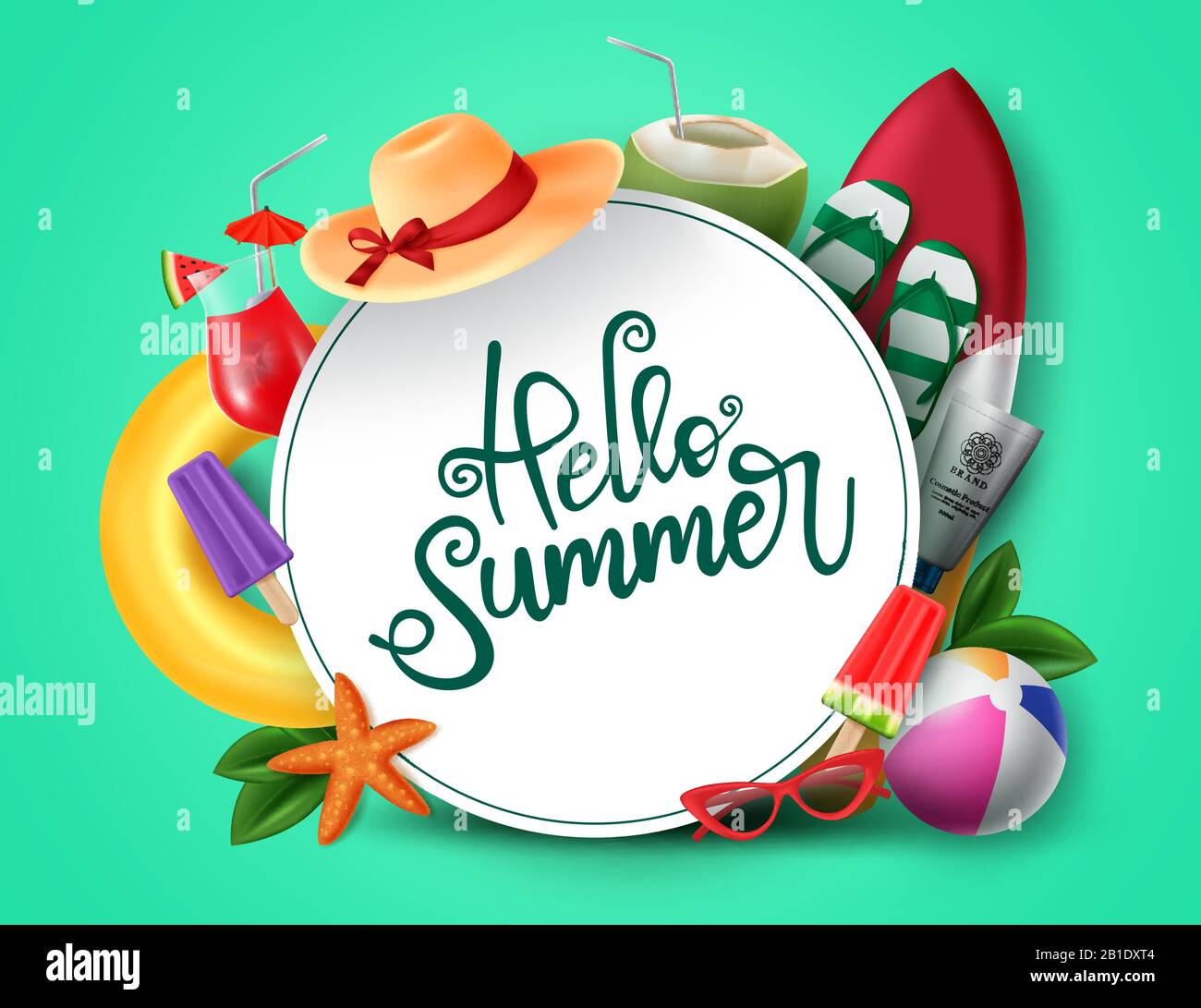 Hello summer vector banner design. Hello summer greeting in white circle for text with beach ...