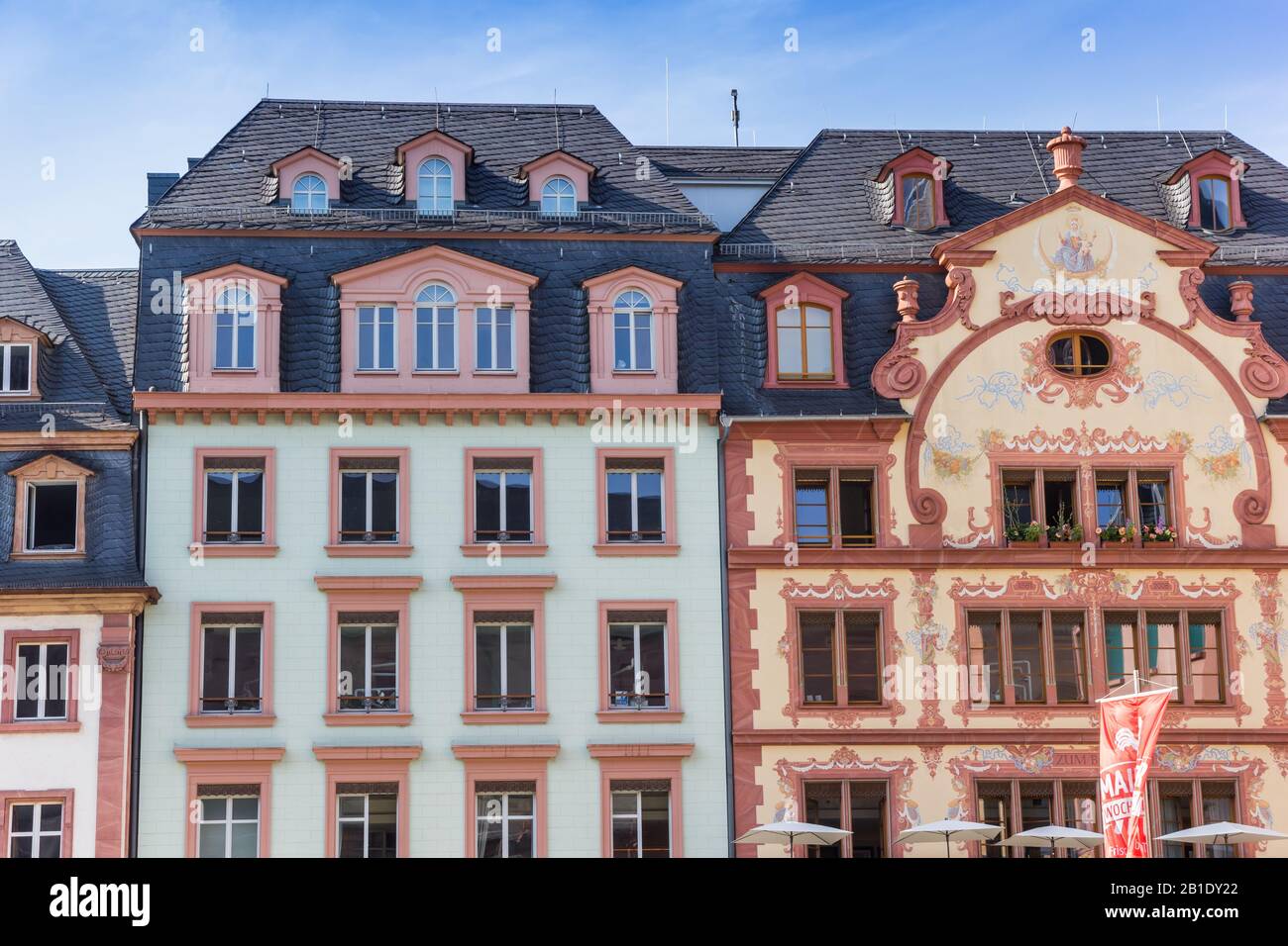 Historic facades of colorful houses at the market square in Mainz ...