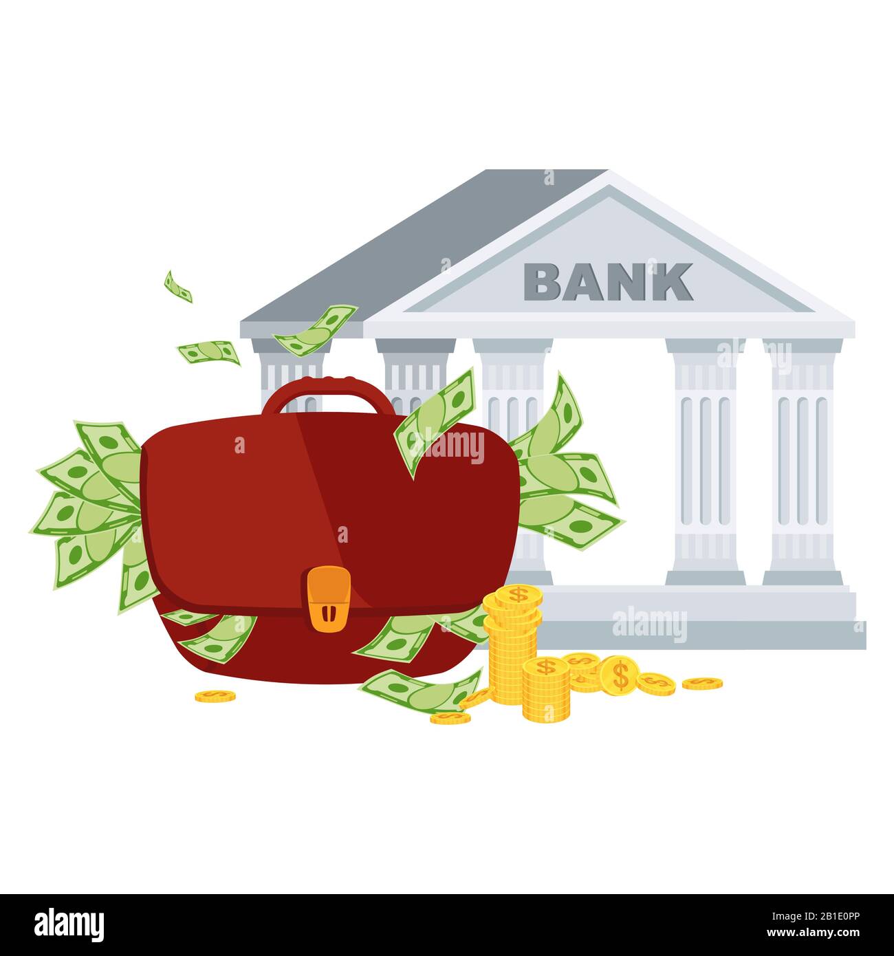 Bank building and a briefcase with money. Flat vector cartoon ...