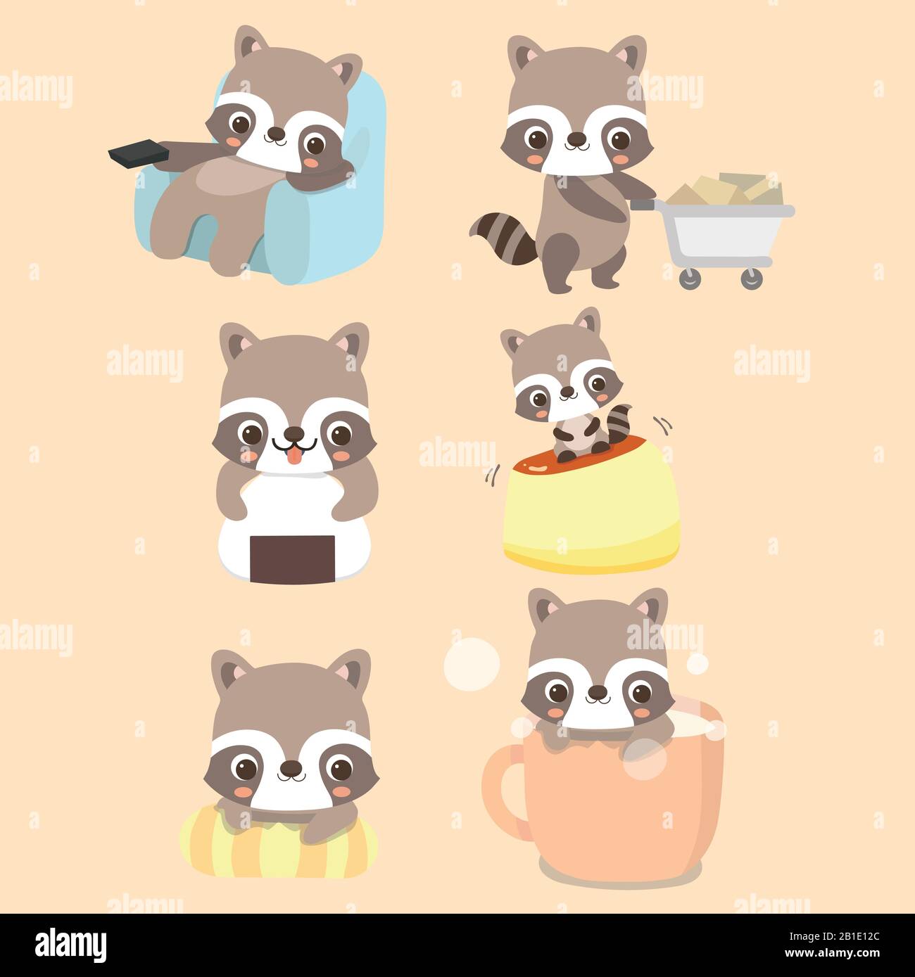 Set of cute raccoon character in different poses and positions Stock ...