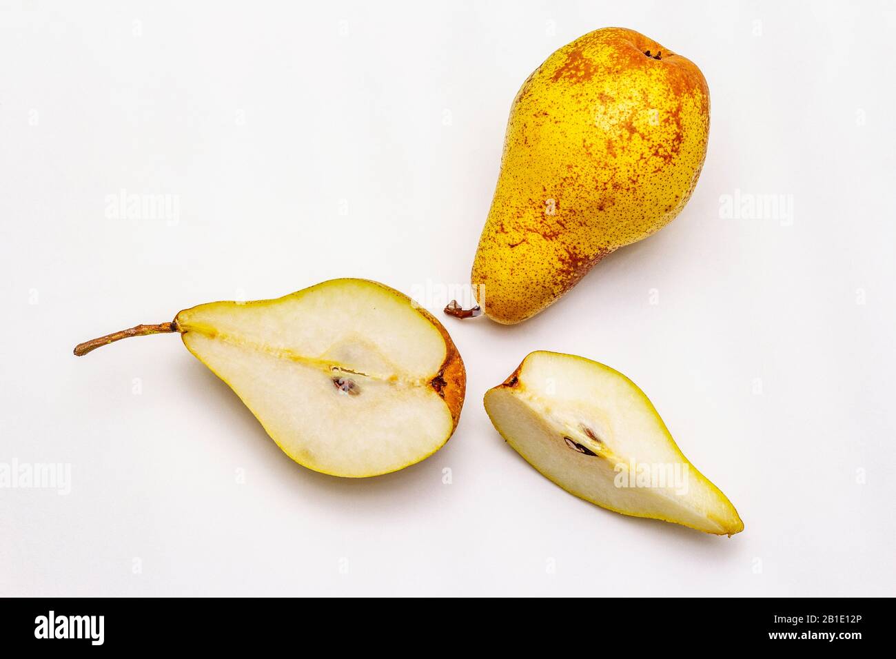 Ripe single pear. Fresh whole fruit, half sliced, seeds. Isolated on ...