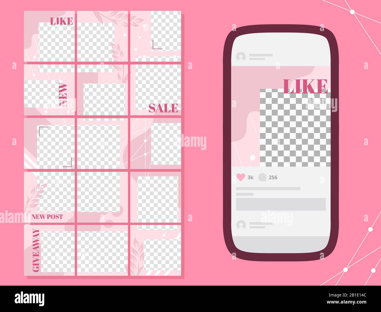 Pink post template. Social media puzzle photo frames posts, flowers ...