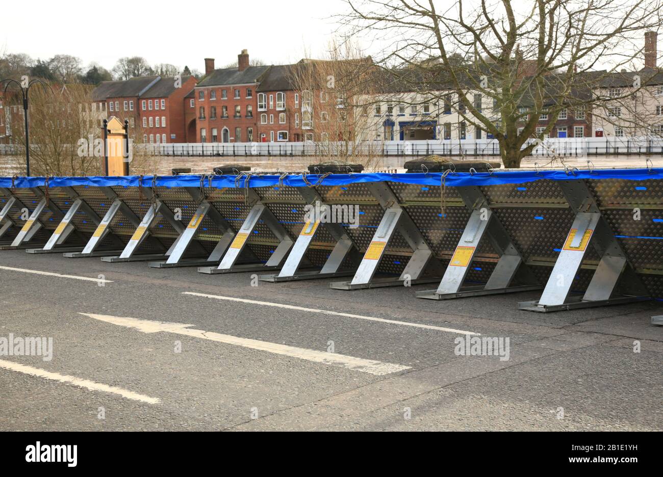 Flood defence barriers on the river Severn at Bewdley, Worcestershire ...