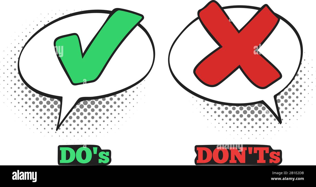 Do and Dont comic sign. Ok check mark, No dialogue cloud box and red ...