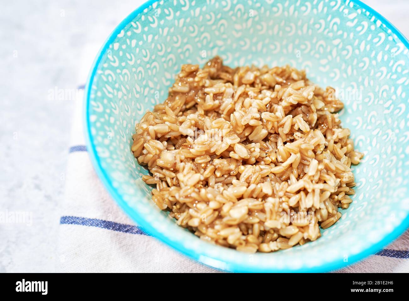 top view of cooked oatmeal in a blue plate with a pattern Stock Photo ...