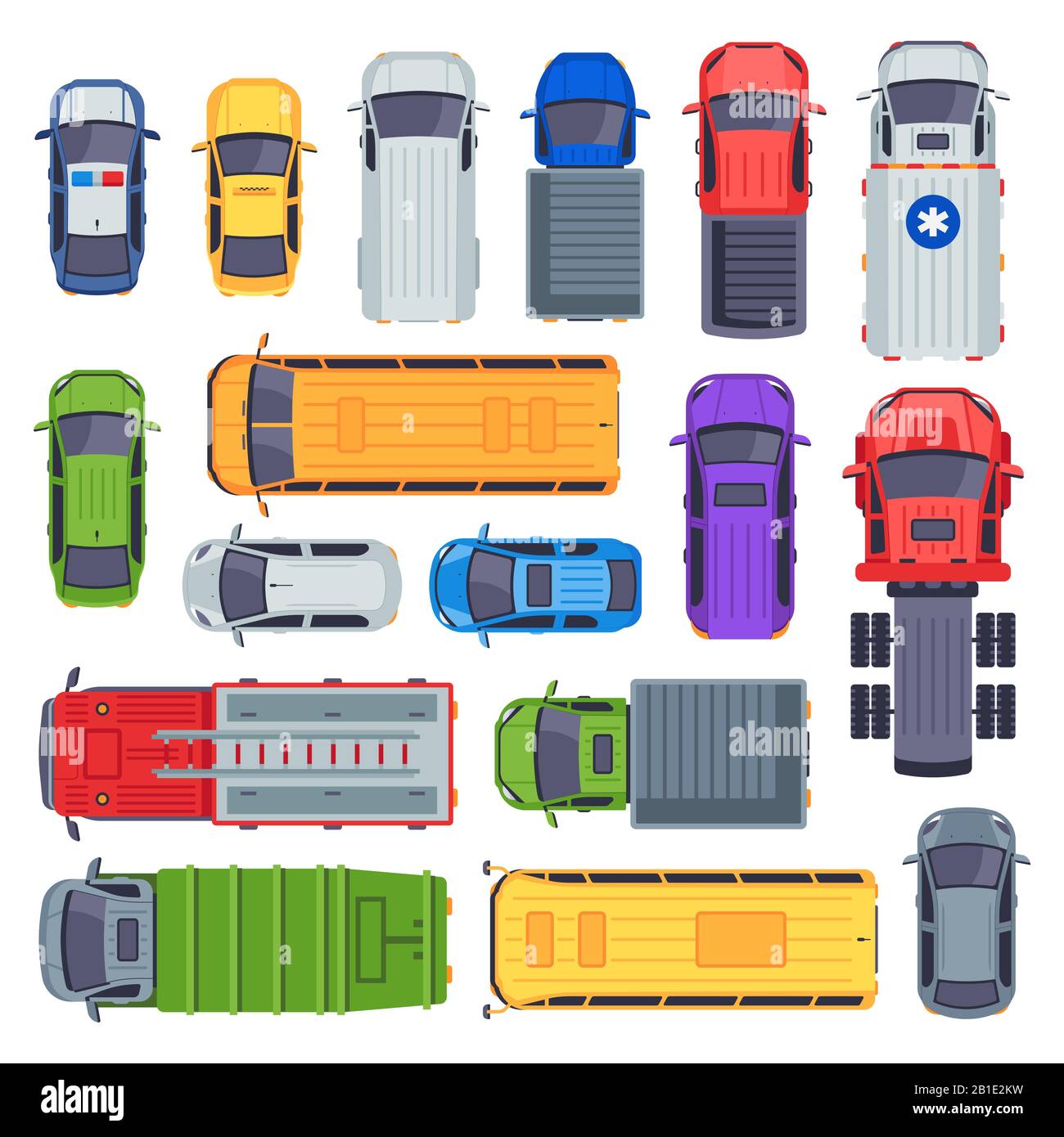 Top view public transport. Taxi car, city buses and ambulance vehicle ...